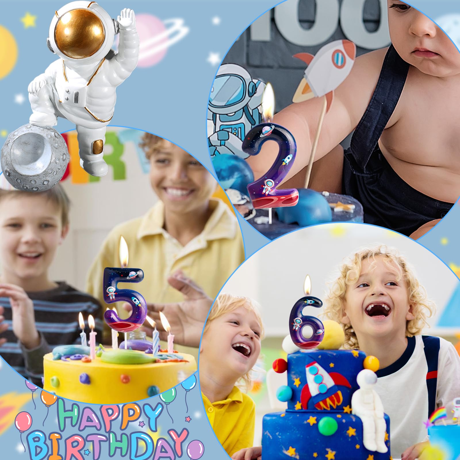 Space Astronaut Theme Candles,Birthday Number 5 Candles,Happy Birthday Candles,Space Theme Blue Star Ball Cake Toppers for Boys Girls Kids Anniversary Celebrations Birthday Party