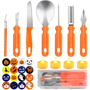 pumpkin carving kit, 14 pcs stainless steel pumpkin carving tools with halloween stickers and candles, halloween decorations gifts for family diy, pumpkin decorating kit with box for kids and adults