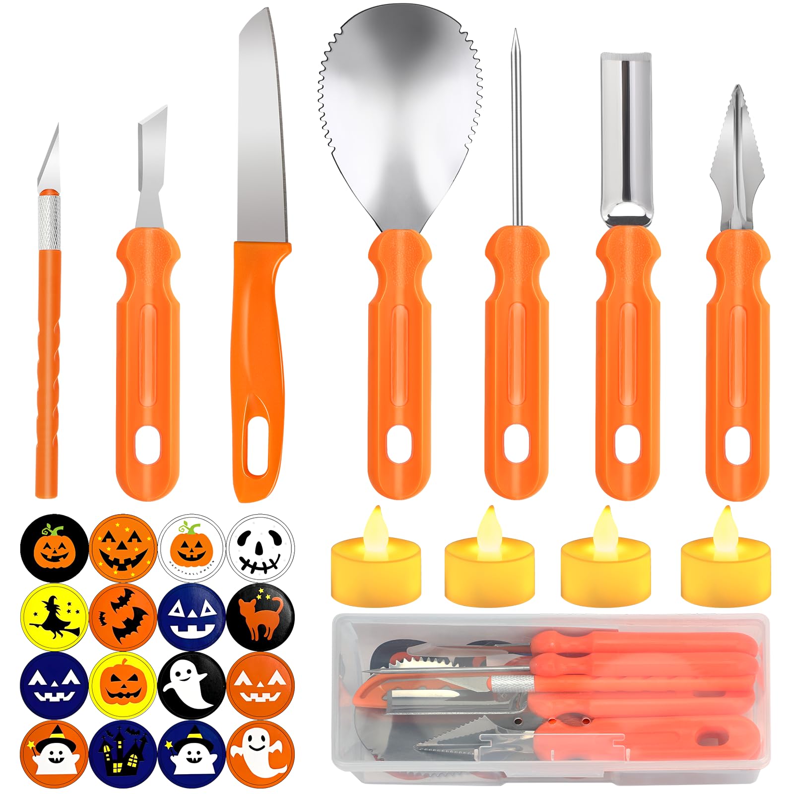 Pumpkin Carving Kit, 14 PCS Stainless Steel Pumpkin Carving Tools with Halloween Stickers and Candles, Halloween Decorations Gifts for Family DIY, Pumpkin Decorating Kit with Box for Kids and Adults