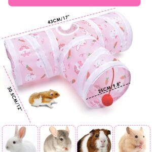 Bissap Rabbit Tunnel, 9.8'' Collapsible Bunny Tunnel and Tube 3 Ways Pet Hideout with 1 Play Ball for Indoor Kittens Dwarf Rabbits Bunnies Guinea Pigs Chinchillas Small Animal Activity Fun Toys (Pink)