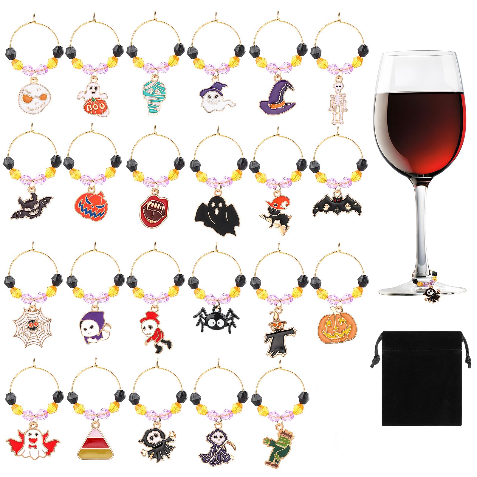 SANNIX 24Pcs Halloween Wine Charms, Halloween Wine Glass Charms for Stem Glasses, Wine Glass Markers Wine Charms for Halloween Wine Party Decorations