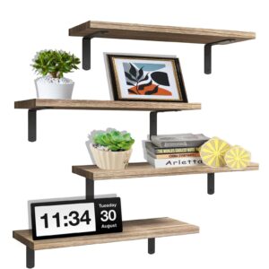 floating shelves, solid wood shelves set of 4, floating shelves for wall mounted, durable natural bathroom wall shelves with bedroom,kitchen,living room, corner and bathroom decor (light brown)