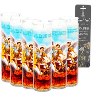 6 pack saint michael the archangel white religious candles - bundle with 8" michael the archangel candles for vigils, prayers, blessing ceremonies, more plus bookmark | devotional candles in glass