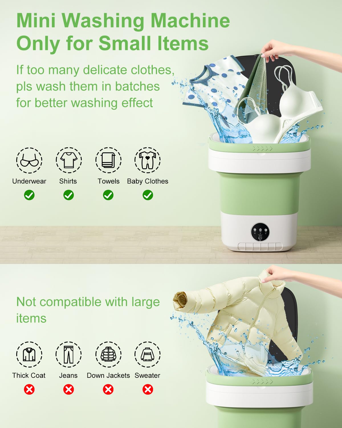 Portable Washing Machine, Mini Washer 13L Upgraded Capacity with 3 Modes Deep Cleaning for Underwear, Shirt, Baby Clothes, Small Items.Foldable Mini Laundry Washer for Apartments,Camping,Travel(Green)