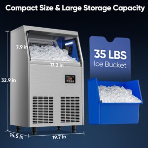 Coolski Commercial Ice Maker Machine 120LBS/24H, Under Counter Ice Maker with 35LBS Storage Capacity, Stainless Steel Ice Machine for Restaurant Home Bar, DOE