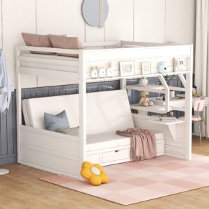 harper & bright designs full over full/futon bunk beds with stairs and 3 drawers, built-in shelf, bottom bed can be converted into daybed, solid wood bunk bed frame (white)