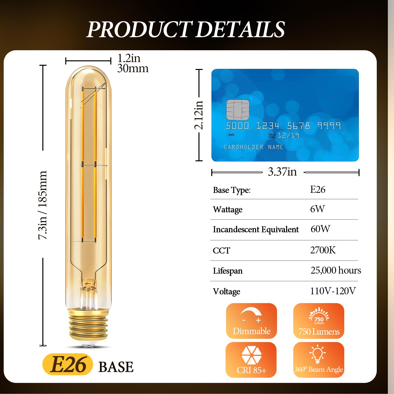 Tubular Light Bulb 7.3 Inch, Amber Long Tube Light Bulb T10 2700K Soft White Dimmable E26 LED Edison Bulbs 60 Watt Equivalent for Chandelier Vanity Outdoor Exterior Wall Sconce Pendant Light, 4Pack