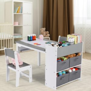 Arlopu Kids Art Table and 2 Chairs, Toddler Craft Drawing Desk with Large Storage Shelves, 4 Storage Bins and Paper Roll, Kids Activity and Study Table Furniture, for Daycare, Game Room (Grey)