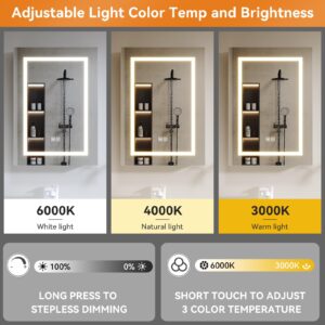 AOOCOW Bathroom Medicine Cabinet with Lights, 20 x 28 Inches LED Mirror Medicine Cabinet, Defogger,3-Color Temp, Black Aluminum Lighted Medicine Cabinet, Surface Mount