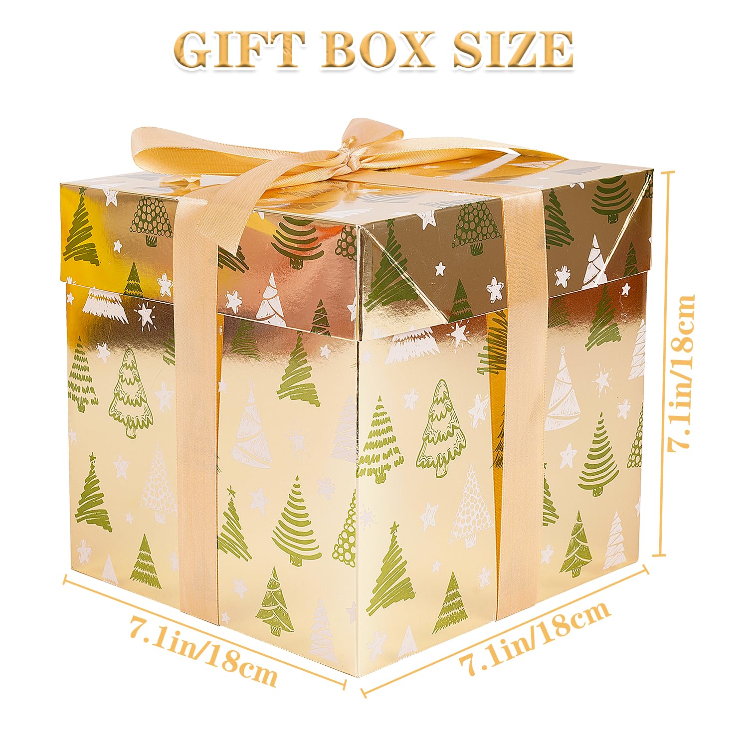 Jaywayang 5 Pack Gold Christmas Gift Boxes with Lids, Ribbons and Tissue Papers Square Gift Boxes - 7.1 Inch - Presents Wrapping Christmas Gift Holiday New Year Party Favor Boxes.