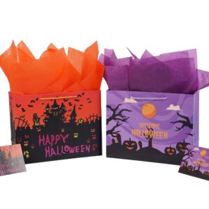 Lyforpyton 2 Pack Large Halloween Bags with Tissue Paper and Card 12.6" Trick or Treat Gift Bags for Halloween