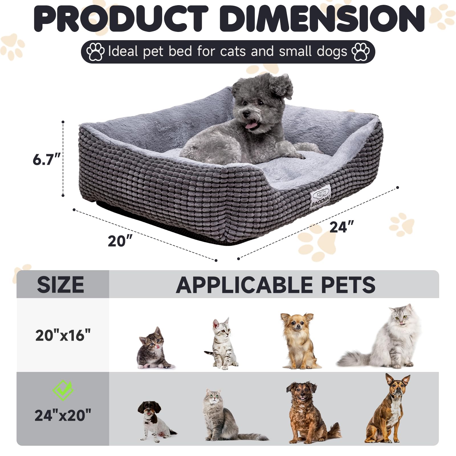 Baodan Dog Beds for Medium Large Dogs, Fluffy Cat Beds for Indoor Cats, Calming Pet Bed for Puppy and Kitty, Extra Soft & Machine Washable with Anti-Slip Bottom, Grey, 25inches