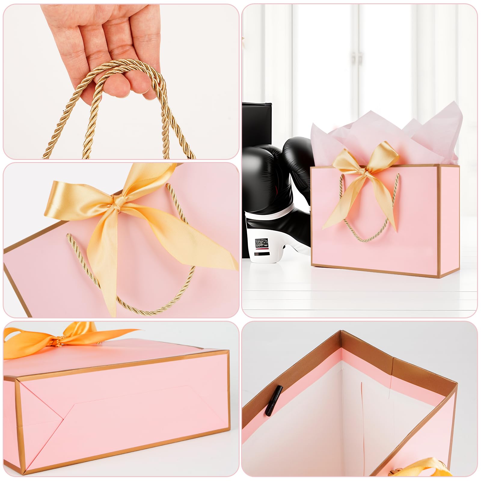 Gfractolux Large Gift Bags for Present, 1 Pcs Gift Bags for Women Men with Tissue Paper and Cards, Gift Bags for Birthdays, Baby Shower, Wedding, Party, Holiday 14.2" x 9.8" x 4.7" (Pink and Gold)