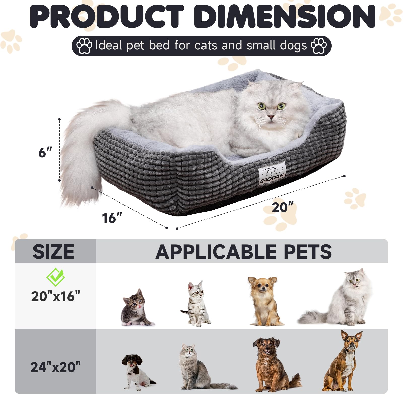 Baodan Dog Bed for Small Dogs, Small Cat Beds for Indoor Cats, Extra Soft Washable Dog Beds, Nonskid Bottom Calming Puppy Beds for Puppy and Kitten, Grey, 20 inches