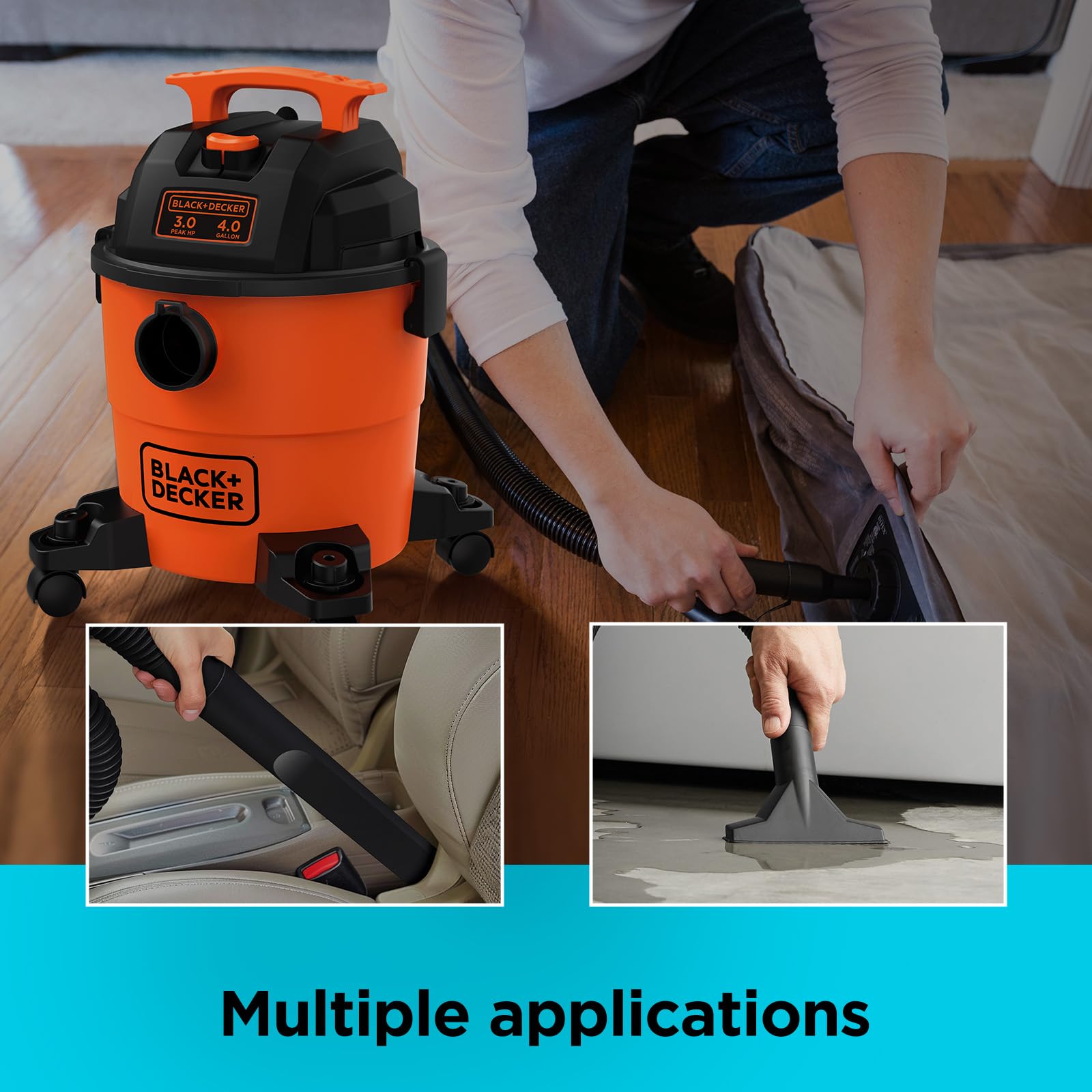 BLACK+DECKER Shop Vacuum Wet and Dry, 4 Gallon 3.0 Peak HP, 3-in-1 Portable Shop Vac with Accessories, Home and Car Vacuum Cleaner(BDXV18301P-4A)