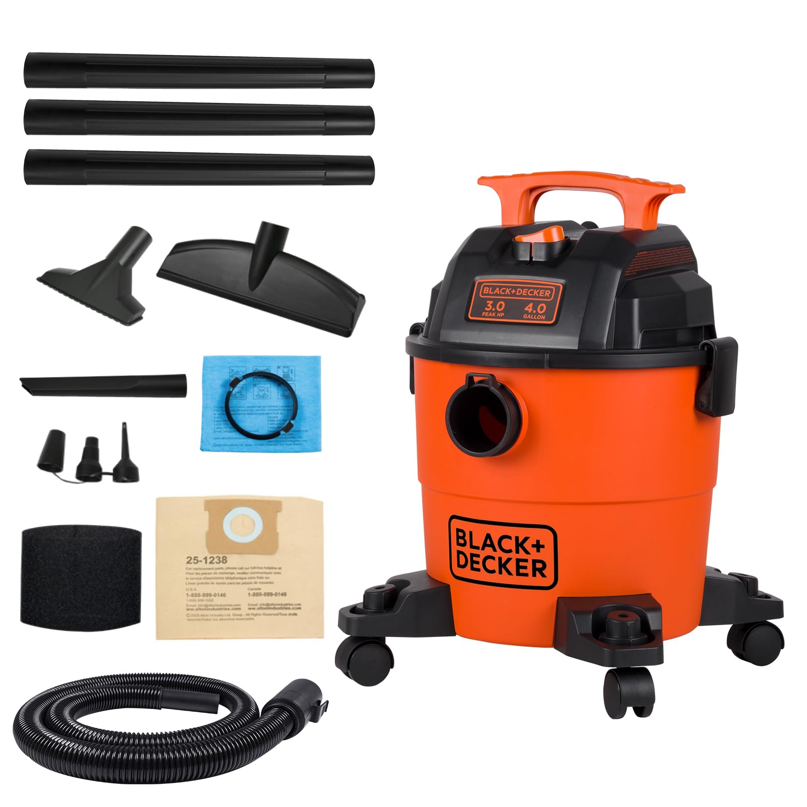 BLACK+DECKER Shop Vacuum Wet and Dry, 4 Gallon 3.0 Peak HP, 3-in-1 Portable Shop Vac with Accessories, Home and Car Vacuum Cleaner(BDXV18301P-4A)