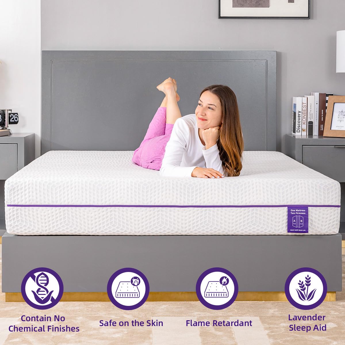 Tripie Queen Mattress 8 Inch, Gel Soft & Firm Dual Sides Flippable Mattress for Bamboo-Charcoal Memory Foam Mattress, Lavender Sleep Aid Mattress for Relieve Pressure, Bed in a Box