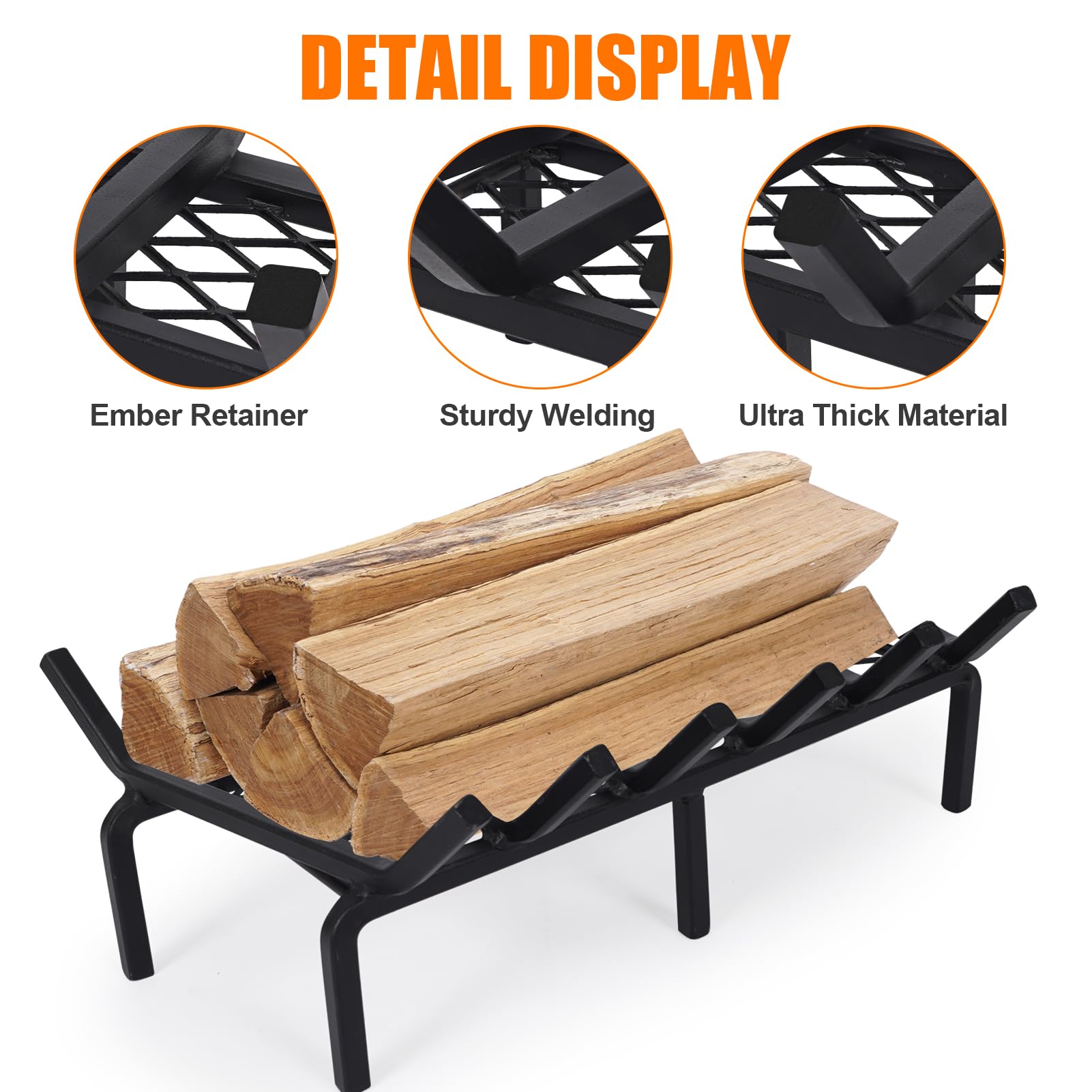 20 Inch Fireplace Grate with Ember Retainer,Cast Iron Fireplace Log Grate,Fireplace Log Holder,Heavy Duty Solid Steel Fireplace Wood Holder,Wood Stove Wrought Rack for Indoor Hearth Outdoor Fireplace