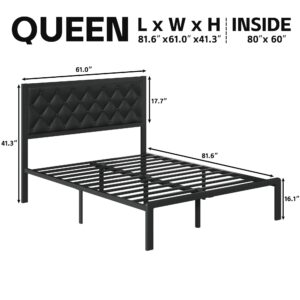 Fluest Queen Bed Frame with Headboard PU Leather Upholstered Bed Frame Platform,All Metal Slats Support Platform Bed Frame with Storage Space,Easy Assembly,Noise Free,No Box Spring Needed,Black