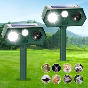 2 pack solar ultrasonic animal repellent 2024 outdoor cat deterremt waterproof devices with flash light motion sensor to keep cat deer squirrel raccoon rabbit skunk bunny dog fox out of yard garden