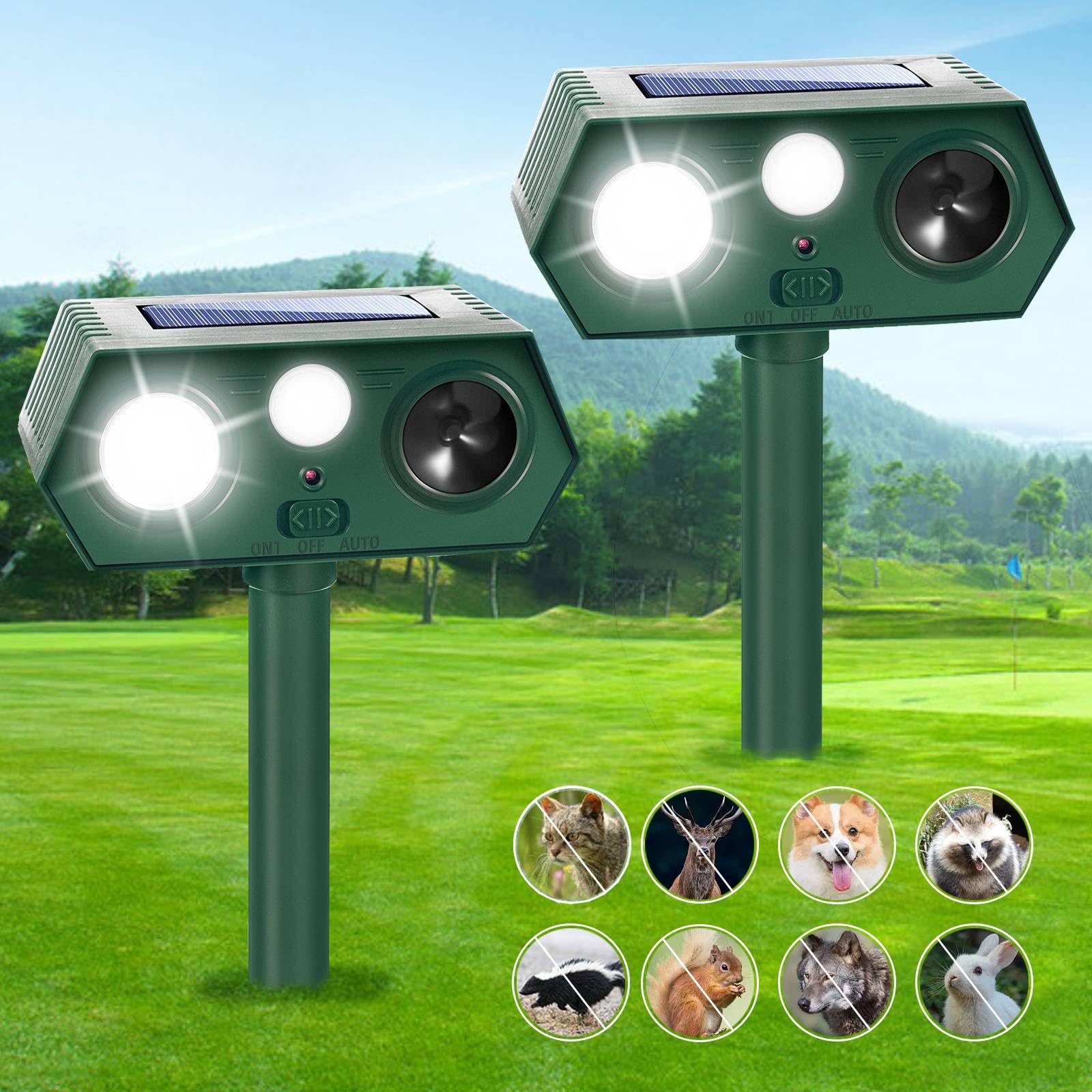 2 Pack Solar Ultrasonic Animal Repellent 2024 Outdoor Cat Deterremt Waterproof Devices with Flash Light Motion Sensor to Keep Cat Deer Squirrel Raccoon Rabbit Skunk Bunny Dog Fox Out of Yard Garden