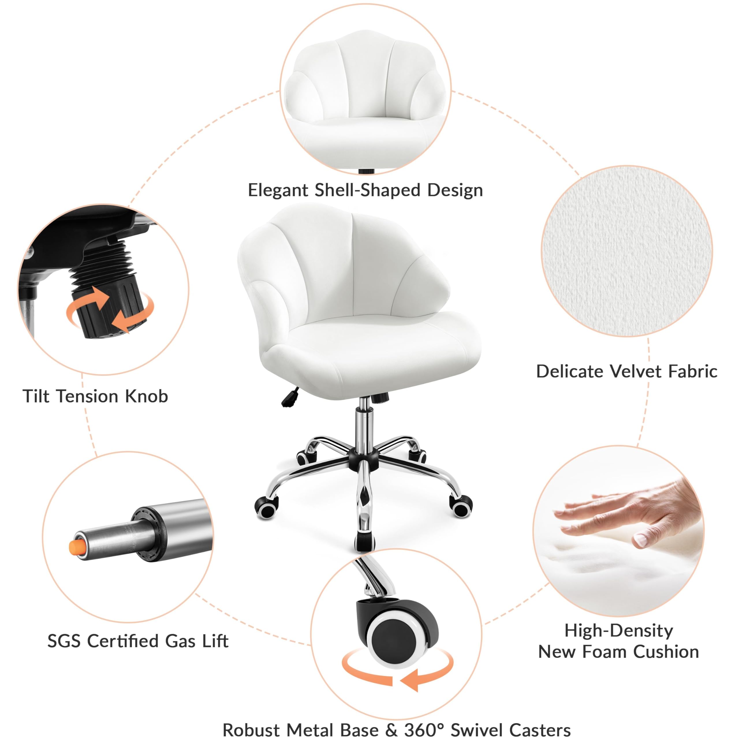 Yaheetech Cute Velvet Desk Chair Home Office Chair Shell-Shaped Back Vanity Chair Modern Swivel Chair with Wheels Adjustable Height for Bedroom White