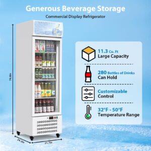 GarveeTech Commercial Merchandiser Refrigerator,11.3 Cu.Ft Glass Door Display Refrigerator,Drink Cooler Beverage Fridge With Soft Led Light, 4 Adjustable Shelves, White