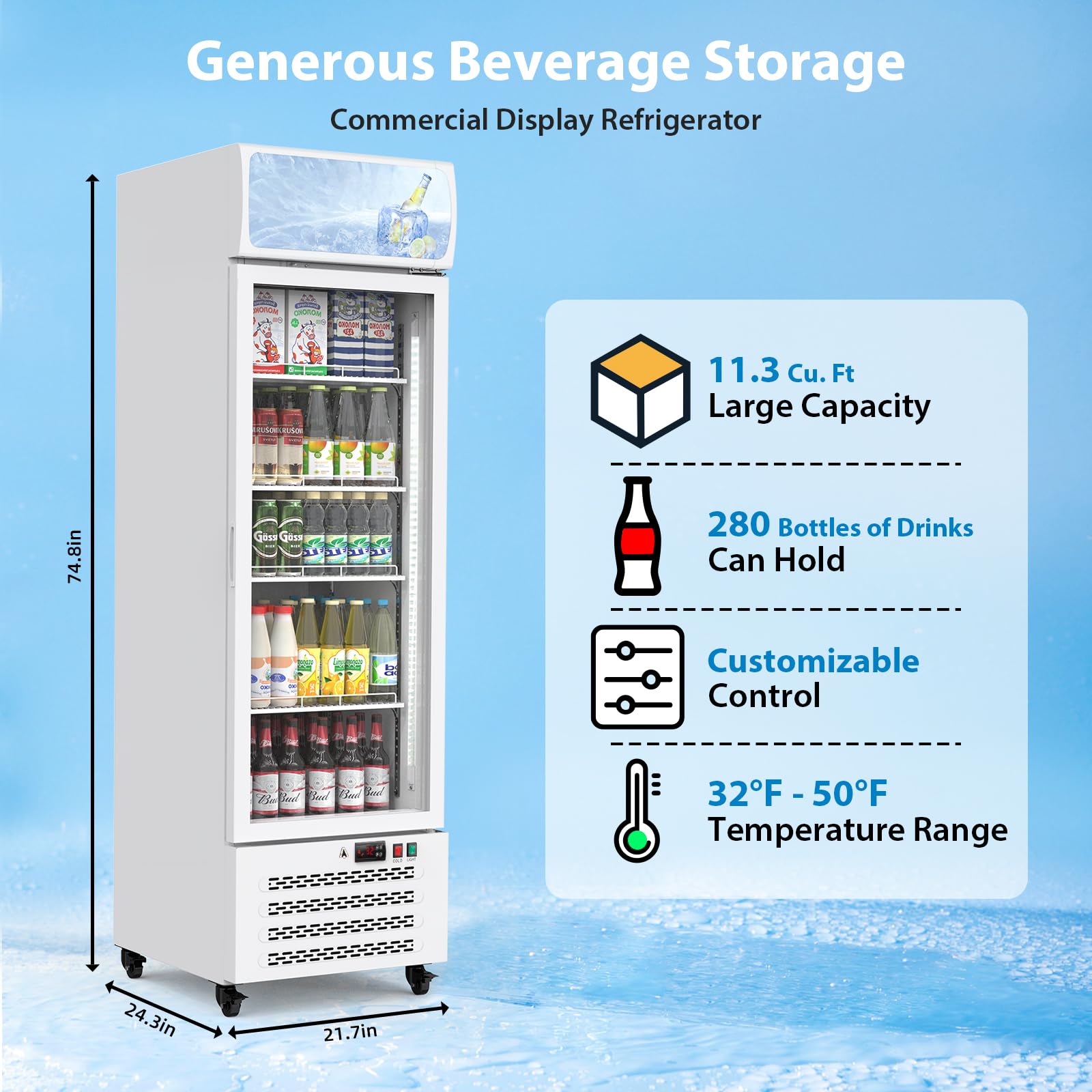 GarveeTech Commercial Merchandiser Refrigerator,11.3 Cu.Ft Glass Door Display Refrigerator,Drink Cooler Beverage Fridge With Soft Led Light, 4 Adjustable Shelves, White