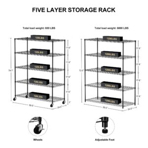 5-Tier Metal Wire Shelving Unit with Wheels, 60" L×24" W×72" H Heavy-Duty Adjustable Shelving and Storage Racks with Liners, for Commercial, School, Home, Garage, Warehouse, Industrial, Silver