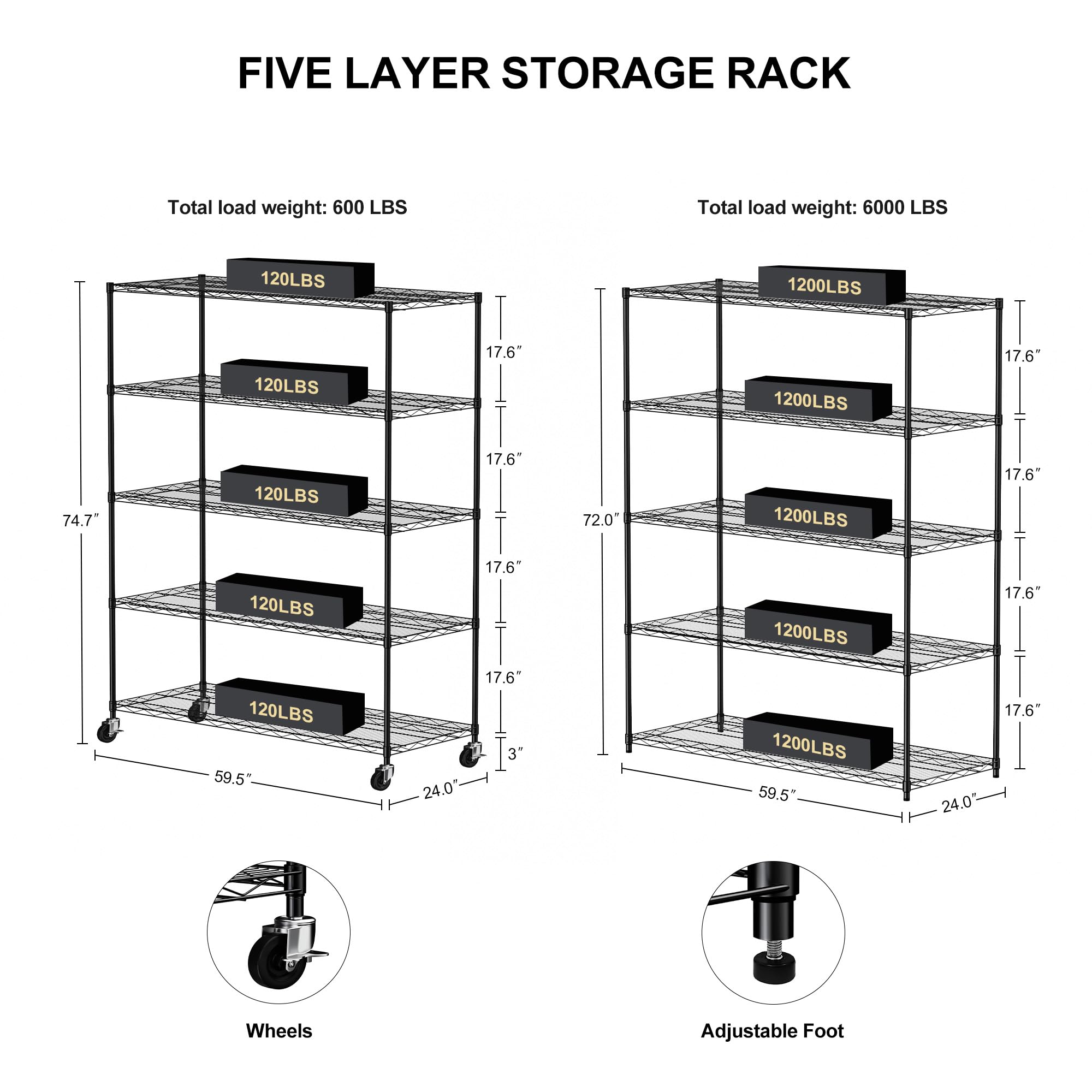 5-Tier Metal Wire Shelving Unit with Wheels, 60" L×24" W×72" H Heavy-Duty Adjustable Shelving and Storage Racks with Liners, for Commercial, School, Home, Garage, Warehouse, Industrial, Silver