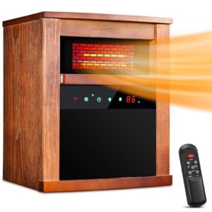 air choice infrared space heater, 1500w electric heater for indoor use, remote & 3 modes, adjustable thermostat, 12h timer, child lock, wood cabinet heater with overheat & tip-over protection, walnut