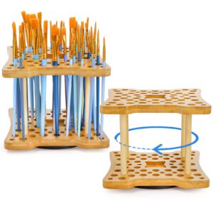 cedilis 2 pack rotating paint brush holder, 59 holes bamboo paintbrush holder organizer for pen, pencil, watercolor brushes, artist, no assembly required