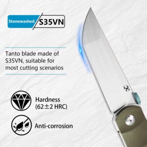 KANSEPT BTF Pocket Folding Knives for Men EDC Camping Knife 3.24'' Blackwashed CPM S35VN Blade with Green G10 Handle K1064A1