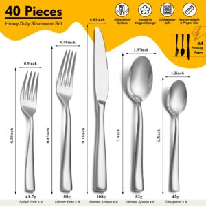 Heavy Duty Silverware Set for 8, EIUBUIE 40 Piece Stainless Steel Flatware Cutlery Set, Durable Kitchen Eating Utensils Tableware Sets Including Fork Spoon Knife Set, Mirror Polished, Dishwasher Safe