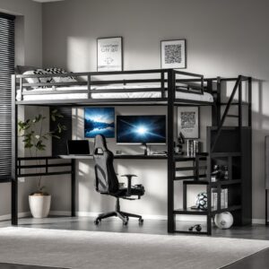 dnyn stairway full size metal loft bed with desk for kids,adults,heavy duty bedframe w/storage & wardrobe,space saving design & no box spring needed, black