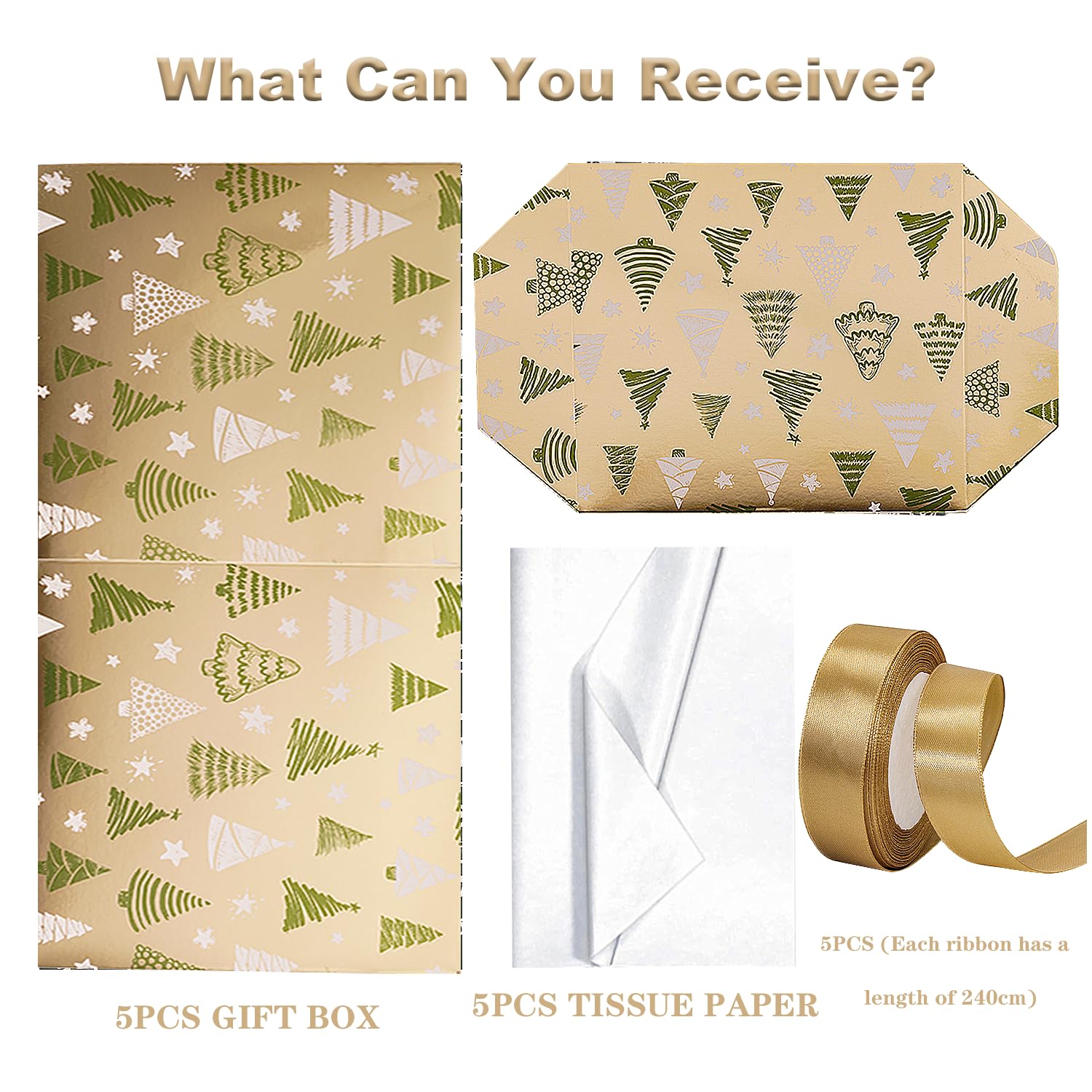 Jaywayang 5 Pack Gold Christmas Gift Boxes with Lids, Ribbons and Tissue Papers Square Gift Boxes - 7.1 Inch - Presents Wrapping Christmas Gift Holiday New Year Party Favor Boxes.