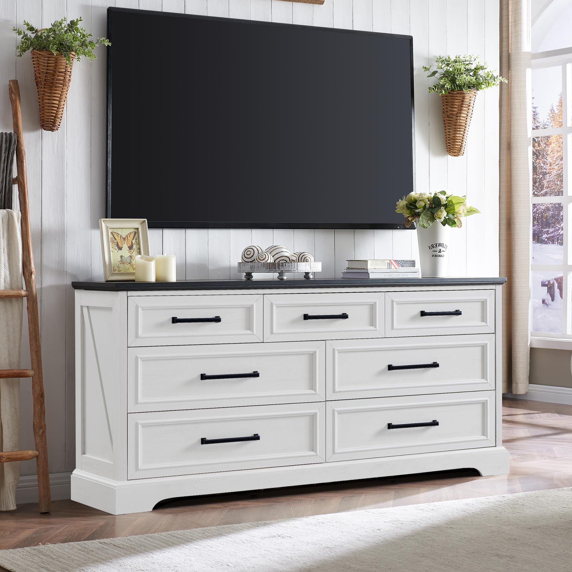 ACCOHOHO 7 Drawer Dresser, Farmhouse Chest of Drawers for Bedroom, 52" Wide Dresser TV Stand with Large Metal Handle, Modern Wood Drawer Organizer for Living Room, Hallway, Closet - Off White