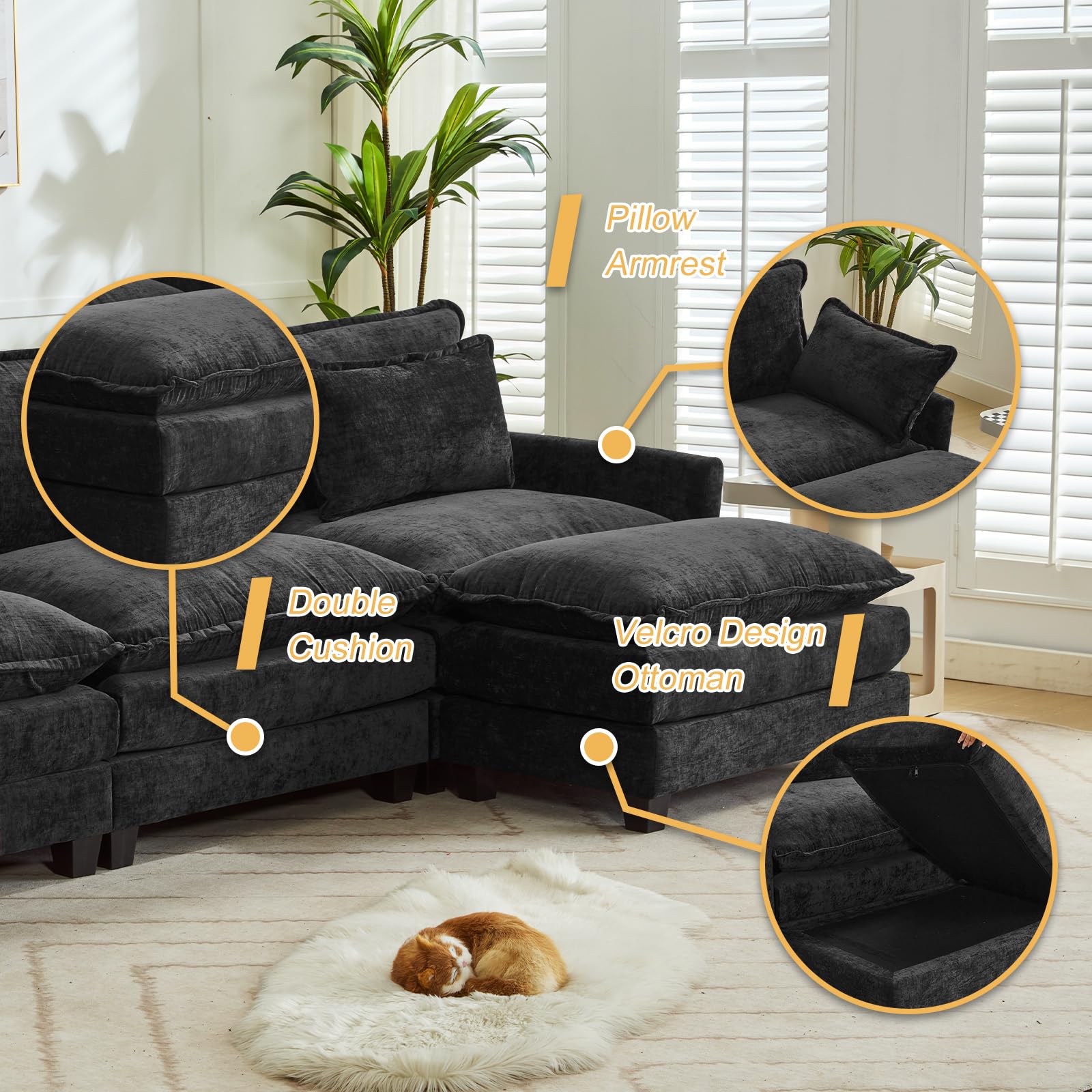 SENIFIS 77.6" Loveseat Sofa, Chenille Sectional Comfy Cloud Sofa Chouch with Movable Ottoman & Pillow, Modern 2-Seater Small Sofa Sleeper Deap Couches for Living Room (Black, Loveseat)