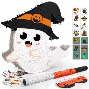 muwoob halloween ghost pinata, halloween piñata with 100 pcs halloween tattoos, stick blindfold and confetti, cute halloween birthday pinata party games decorations for kids adults (ghost with hat)