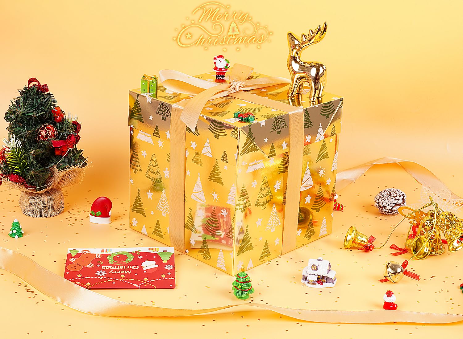 Jaywayang 5 Pack Gold Christmas Gift Boxes with Lids, Ribbons and Tissue Papers Square Gift Boxes - 7.1 Inch - Presents Wrapping Christmas Gift Holiday New Year Party Favor Boxes.