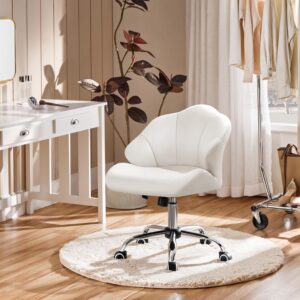 Yaheetech Cute Velvet Desk Chair Home Office Chair Shell-Shaped Back Vanity Chair Modern Swivel Chair with Wheels Adjustable Height for Bedroom White