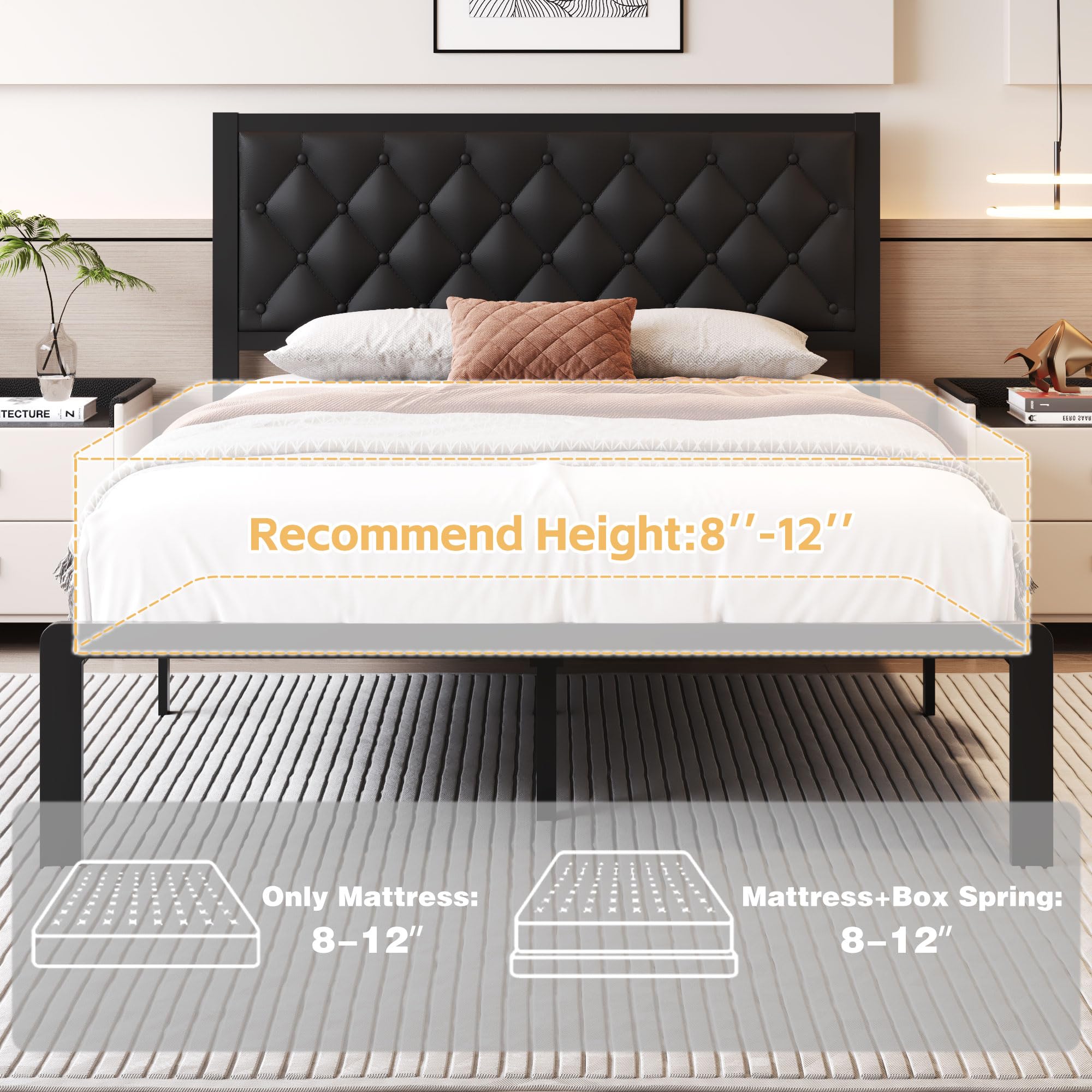 Fluest Queen Bed Frame with Headboard PU Leather Upholstered Bed Frame Platform,All Metal Slats Support Platform Bed Frame with Storage Space,Easy Assembly,Noise Free,No Box Spring Needed,Black