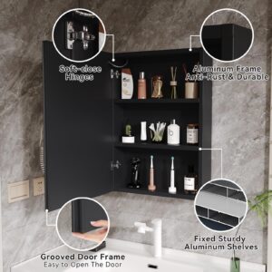 AOOCOW Bathroom Medicine Cabinet with Lights, 20 x 28 Inches LED Mirror Medicine Cabinet, Defogger,3-Color Temp, Black Aluminum Lighted Medicine Cabinet, Surface Mount