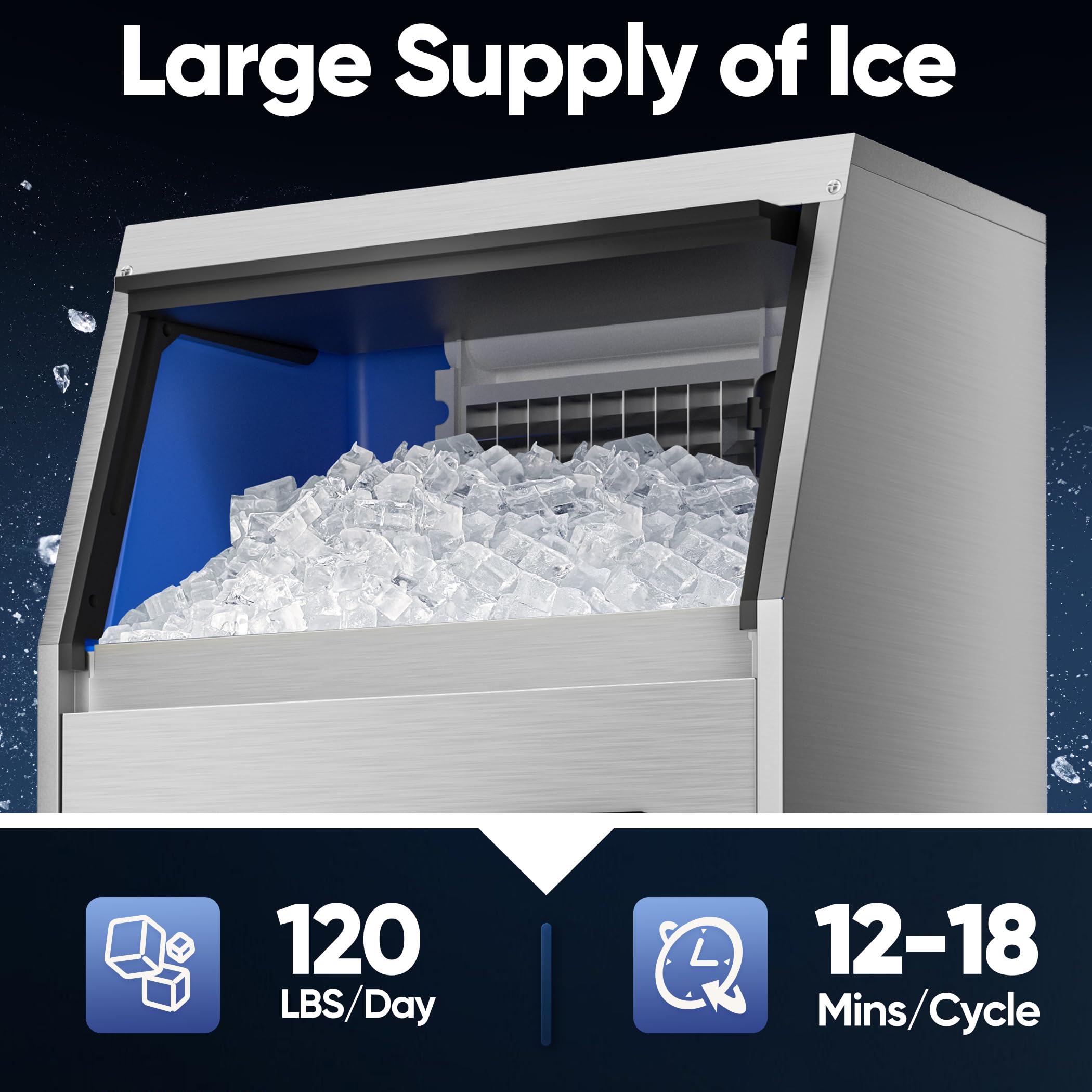 Coolski Commercial Ice Maker Machine 120LBS/24H, Under Counter Ice Maker with 35LBS Storage Capacity, Stainless Steel Ice Machine for Restaurant Home Bar, DOE