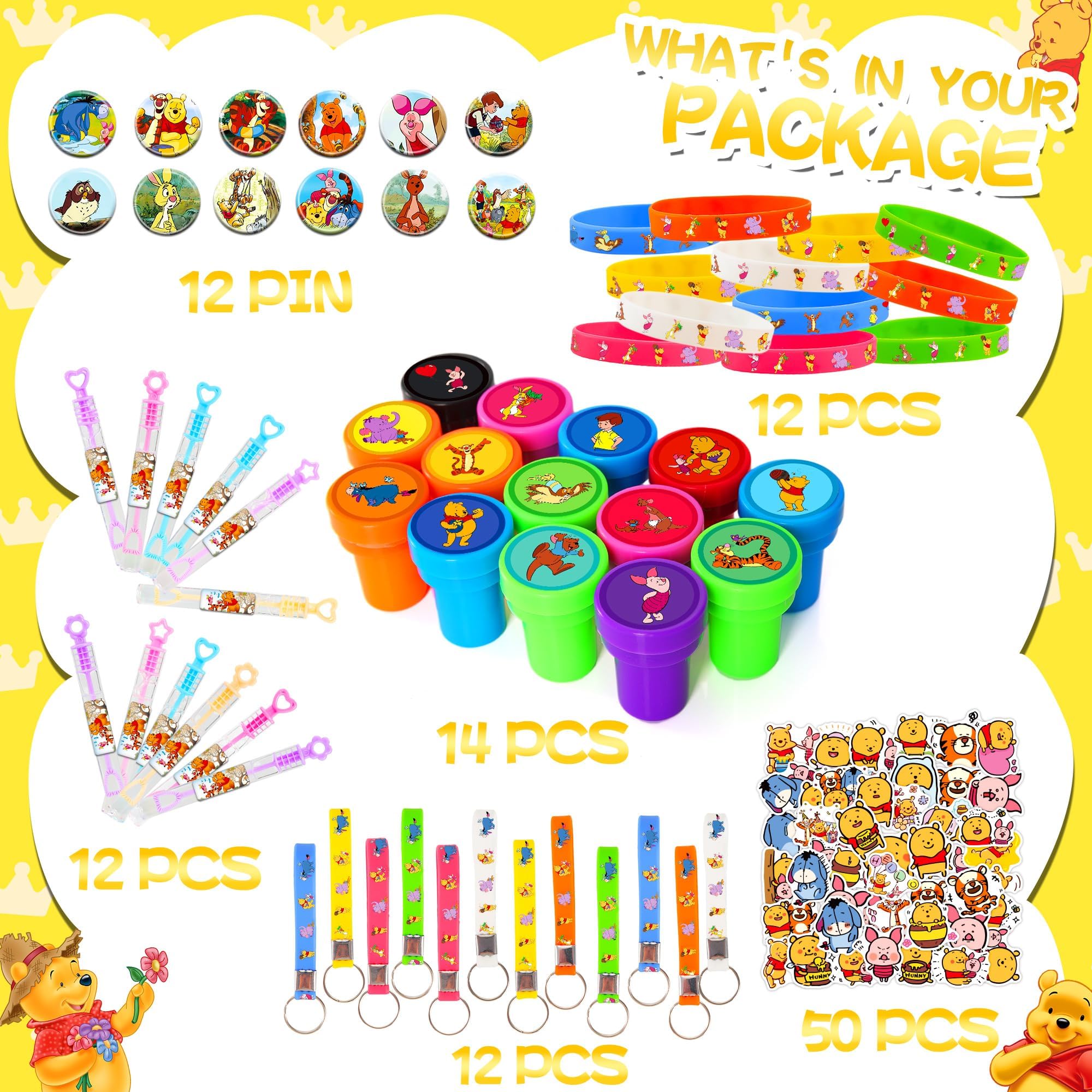 Generic 124PCS Bear Baby Shower Party Favor Supplies, Themed Birthday Decorations Including 12 Bracelets, 12 Keychains, 12 Button Pins, 50 Stickers, 14 Stampers, 12 Bubble Wands and Stickers, Yellow