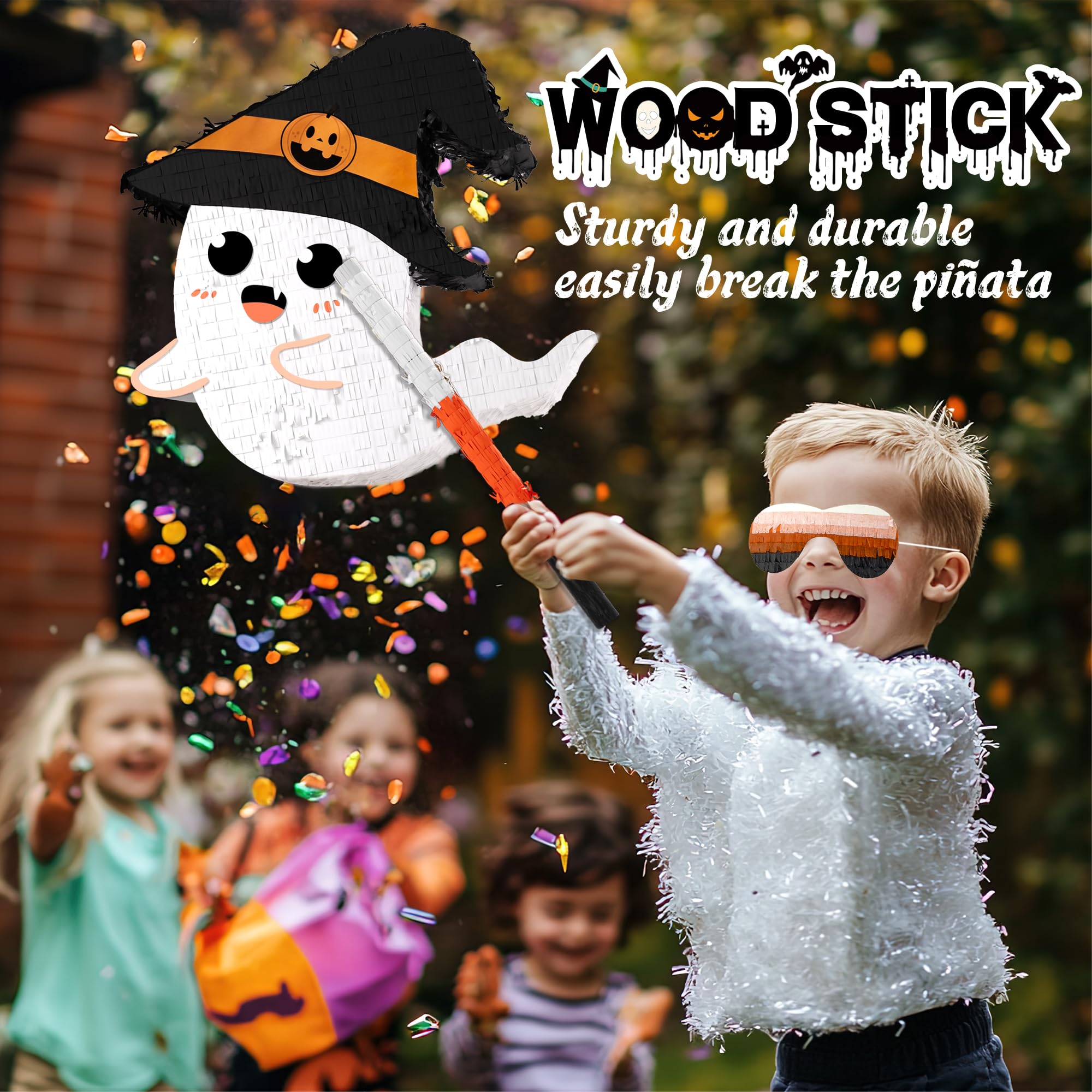 MUWOOB Halloween Ghost Pinata, Halloween Piñata with 100 pcs Halloween Tattoos, Stick Blindfold and Confetti, Cute Halloween Birthday Pinata Party Games Decorations for Kids Adults (Ghost with Hat)