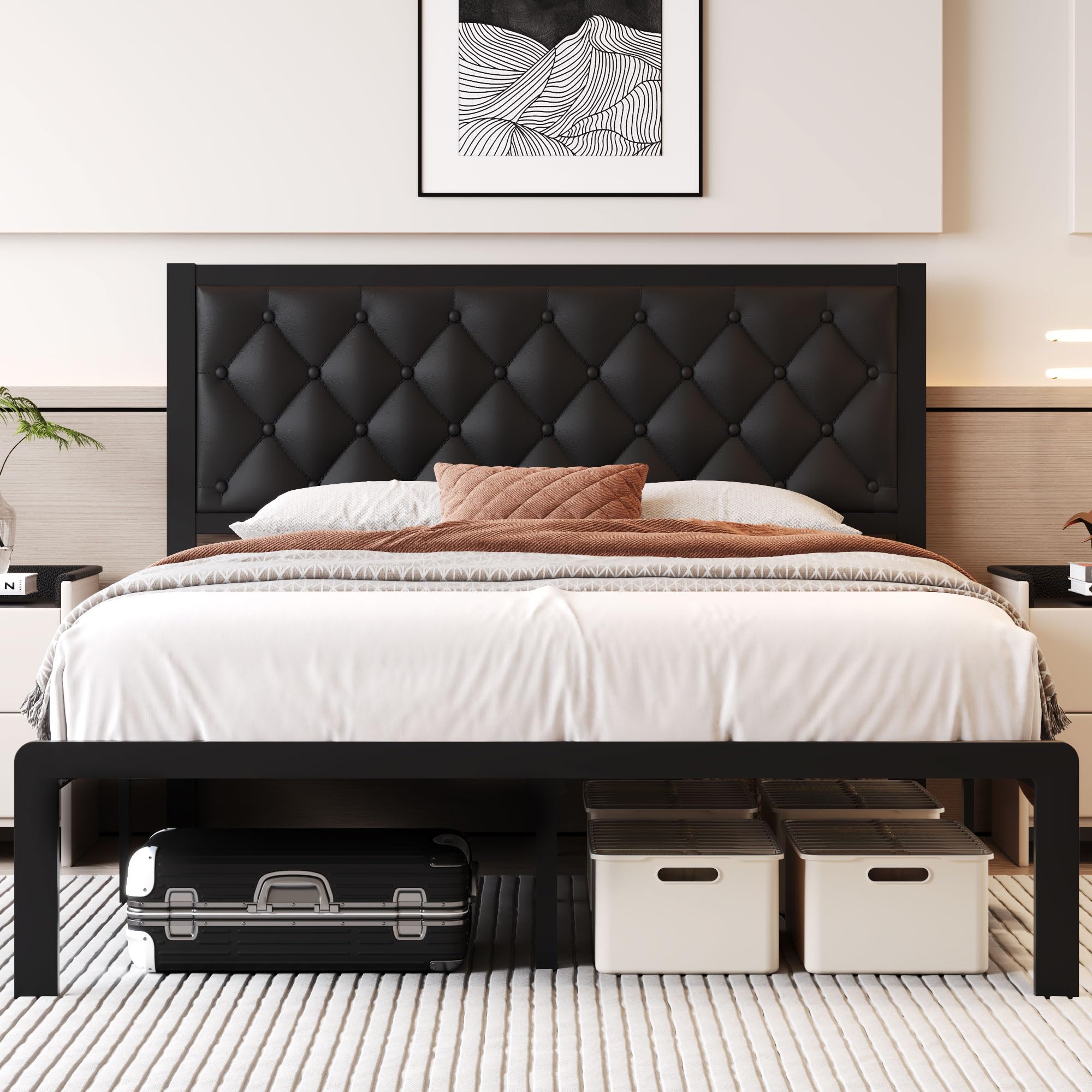 Fluest Queen Bed Frame with Headboard PU Leather Upholstered Bed Frame Platform,All Metal Slats Support Platform Bed Frame with Storage Space,Easy Assembly,Noise Free,No Box Spring Needed,Black