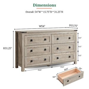 RedLemon Farmhouse 6 Drawer Dresser for Bedroom, 54 Inch Wide Rustic Wood Dresser TV Stand, Dresser Chest of Drawers for Closet, Living Room, Hallway, Light Rustic Oak