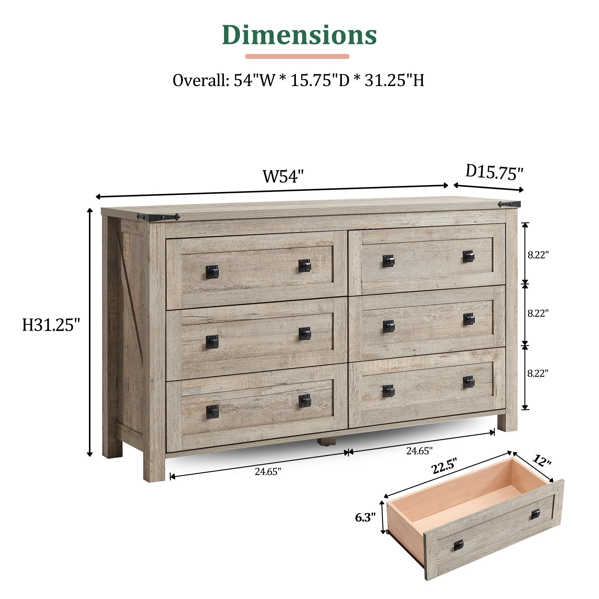 RedLemon Farmhouse 6 Drawer Dresser for Bedroom, 54 Inch Wide Rustic Wood Dresser TV Stand, Dresser Chest of Drawers for Closet, Living Room, Hallway, Light Rustic Oak