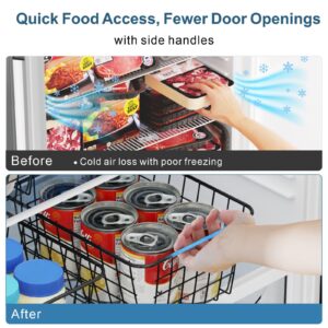 iSPECLE Upright Freezer Organizer Bins - 4 Pack Small Stand Up Freezer Baskets for 13 cu.ft Freezer, Easily Get Food with Handle and Stop Food Fall out from Freezer, Improve Air Circulation, Black